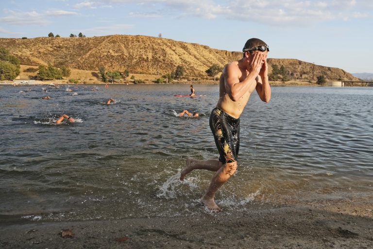 Junior lifeguards, families run-swim-run in Castaic Lake "Macho Man"